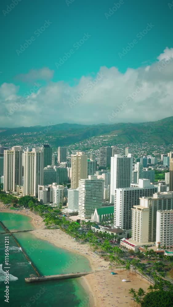 Honolulu cityscape, aerial view of Waikiki skyline, Ala Wai canal and ...