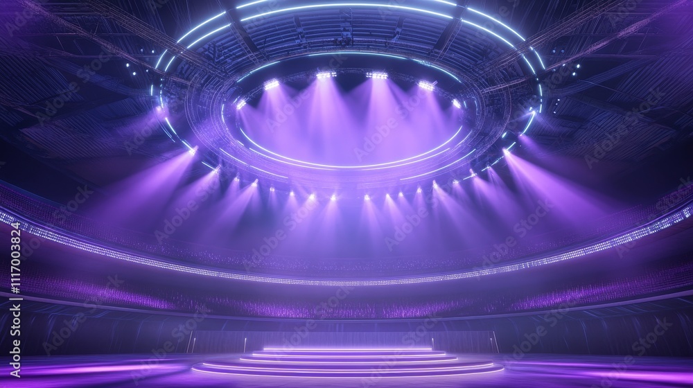 multi-level round podium, futuristic neon trim lights, grand arena ...