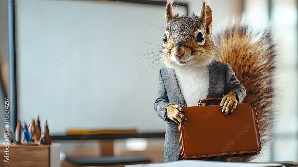 A squirrel in a business suit, holding a briefcase, standing near a ...