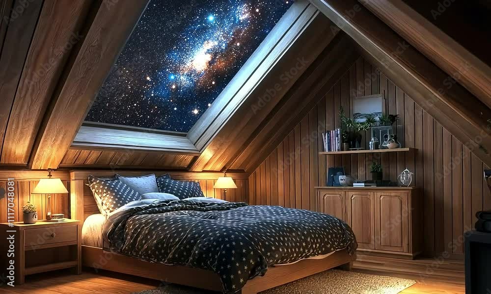 Charming attic bedroom with angled ceilings, exposed wooden beams, warm ...