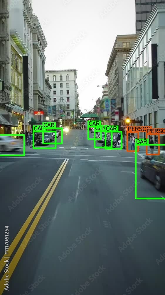 Autonomous car driving through a San Francisco. Computer vision with ...
