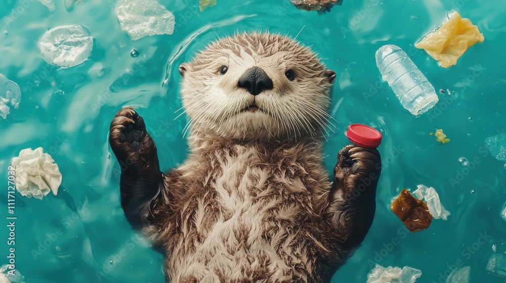 Animal pollution microplastics. Otter floating in water surrounded by ...