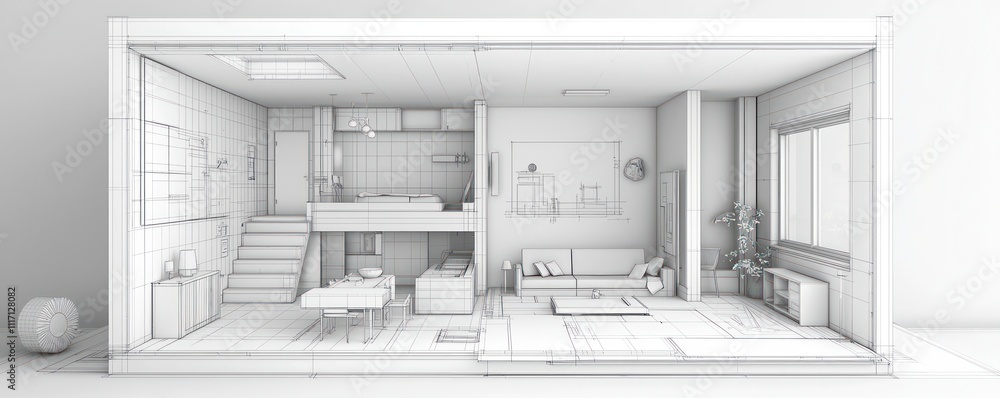 Perspective 3D view of a house plan with detailed textures and interior ...