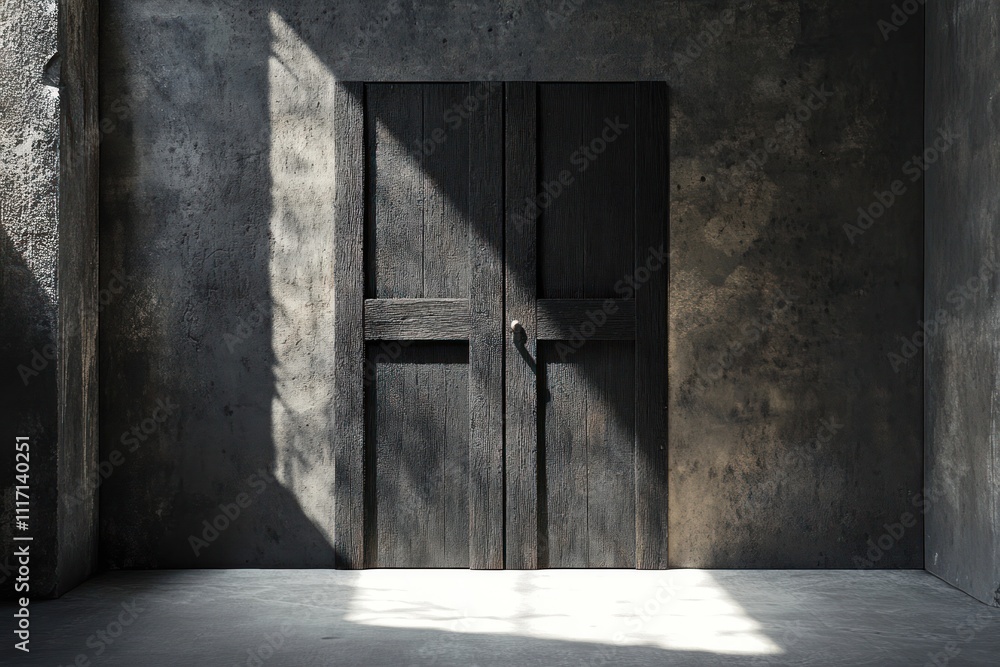 In a shadowy room, a cross-shaped door takes center stage, its dark ...