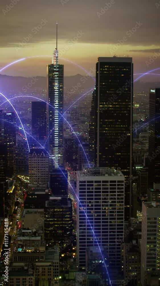 Holographic arches over a futuristic aerial view of Los Angeles ...