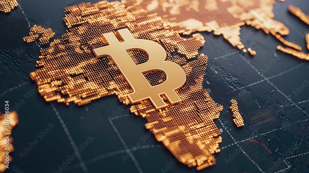 Illustration of a world map with digital currency symbols, crossborder ...