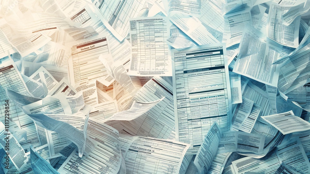 Fotografia Messy heap of overlapping and disorganized office papers and ...