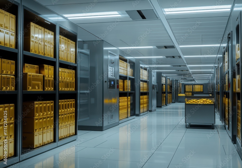 Modern Secure Vault Interior with Rows of Metallic Shelves Containing ...