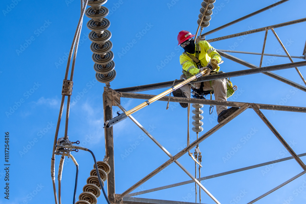 Lineman grounding high-voltage lines at height, equipped with flame ...