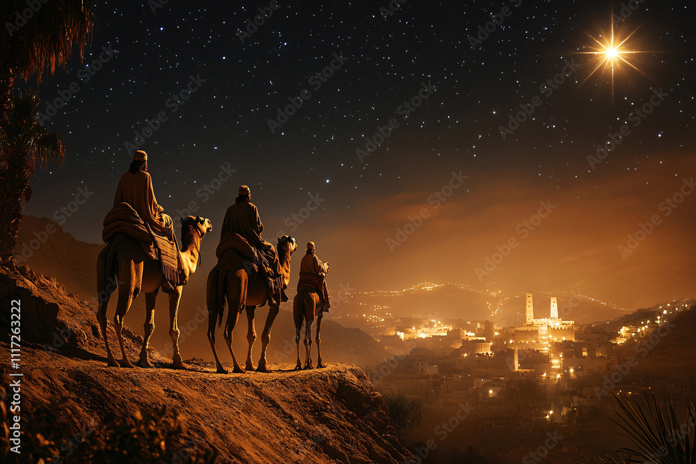 Christmas Jesus birth concept - Adoration of the Magi, Three Wise Men ...