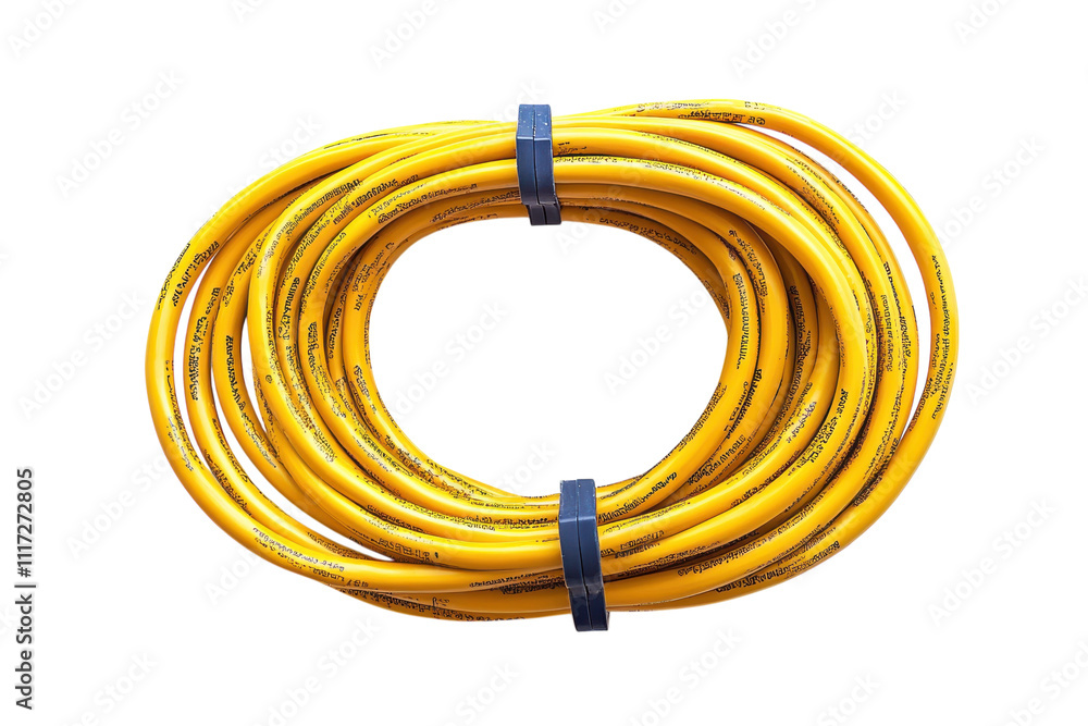 Coiled yellow electrical extension cord ready for use at a construction ...