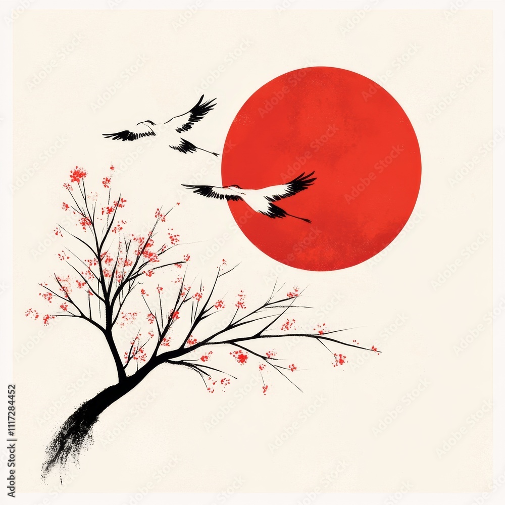 Japanese Red Sun Cherry Blossom Tree Two Cranes in Flight Minimalist ...