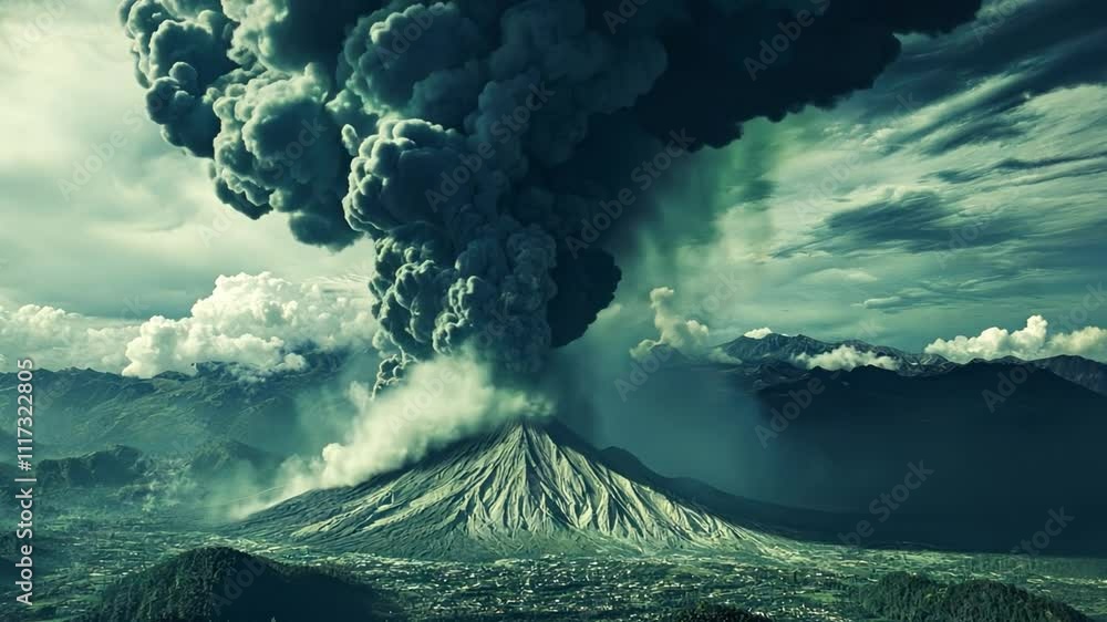 Volcanic ash clouds billowing into the atmosphere, spreading out into a ...