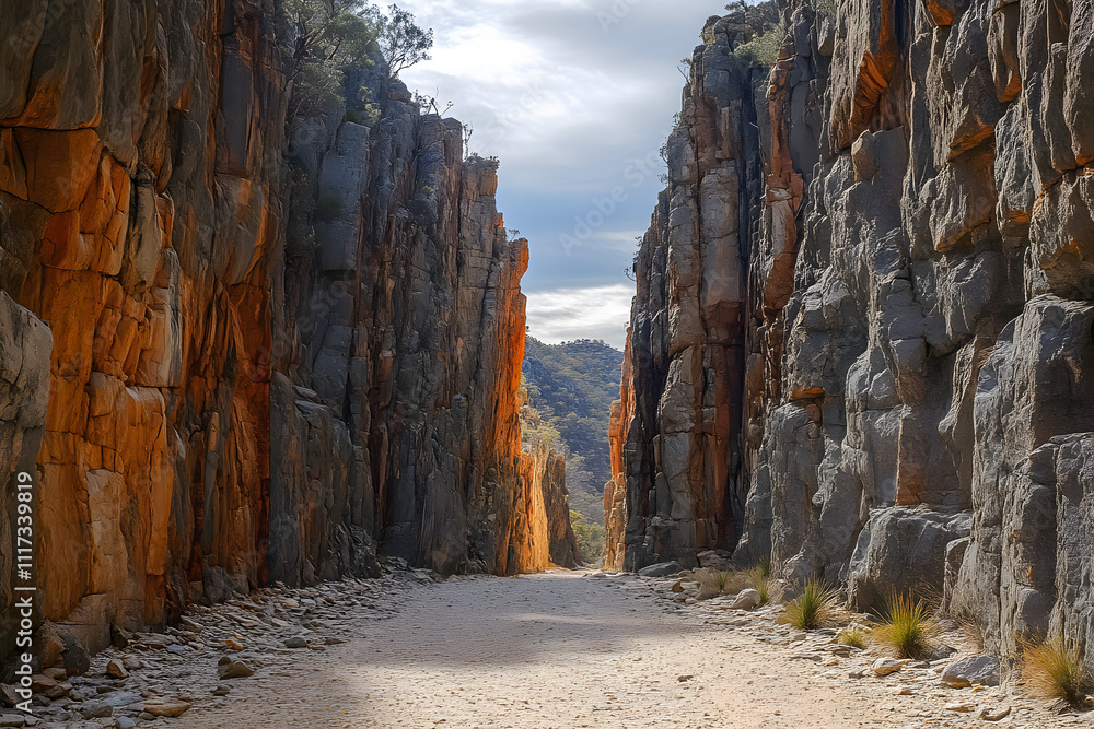 Majestic canyon pathway with towering rock walls and rugged terrain ...