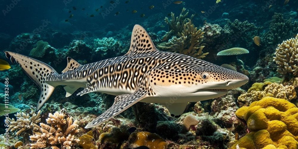 Zebra shark resting peacefully among the coral reef, showcasing its ...