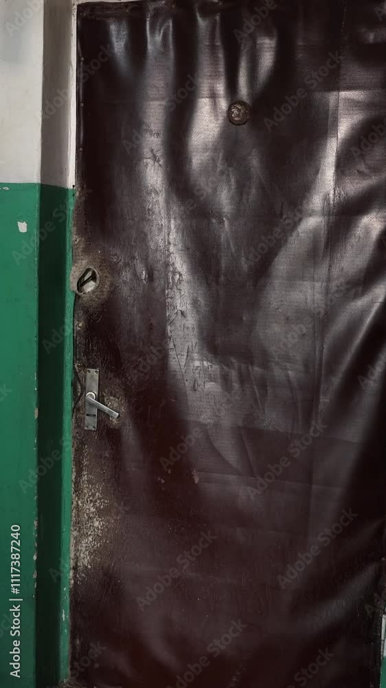 Vertical video. Corridor with old brown entrance doors with leatherette ...