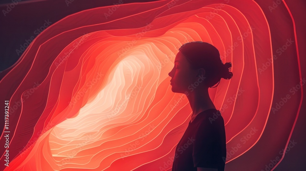 Dramatic Silhouette of a Woman Backlit by Glowing Red and Orange Lights ...