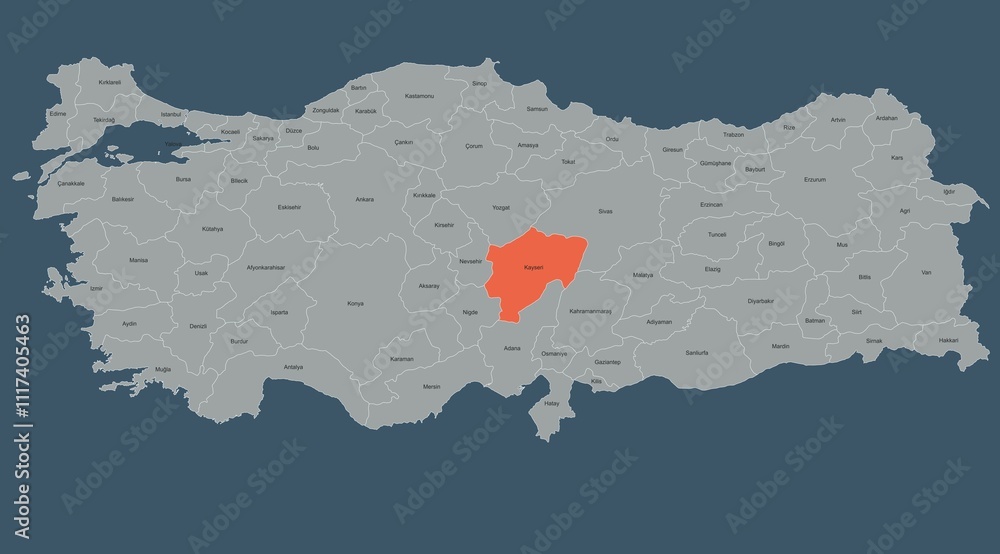 Map of Turkey Highlighting Kayseri Region with Labeled Provinces Stock ...