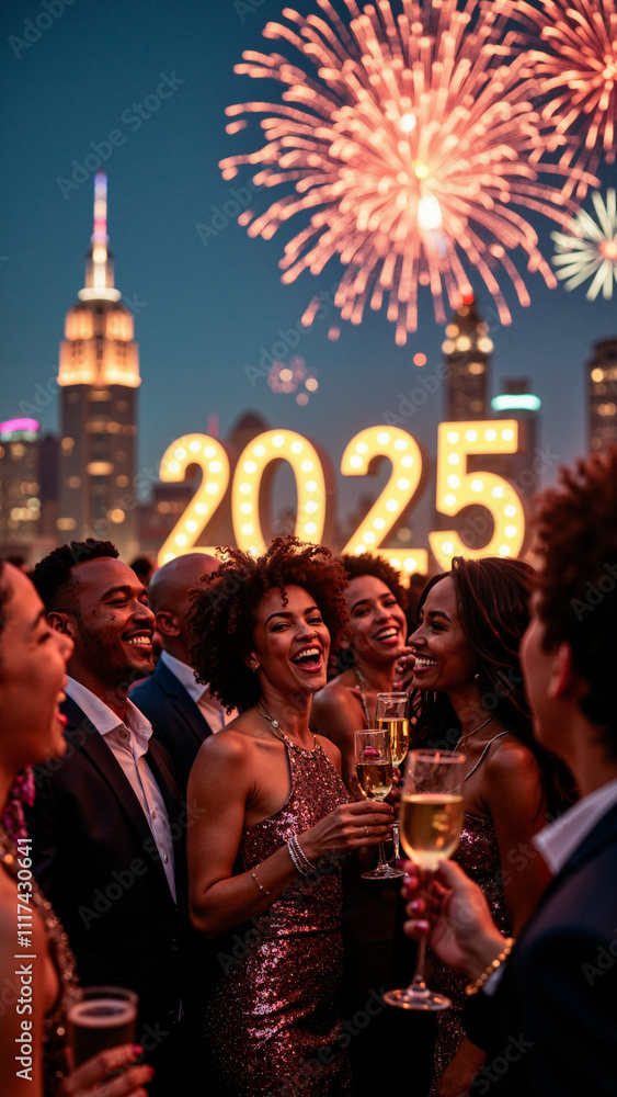 Vibrant New Year 2025 Celebration: Diverse Group Toasts in Urban ...