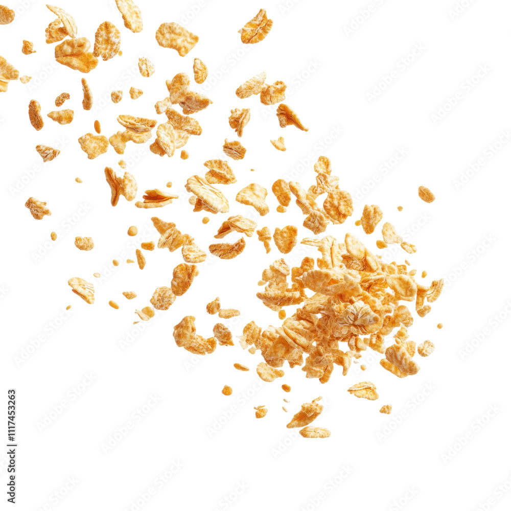 golden breakfast cereal flakes flying in motion isolated on transparent ...