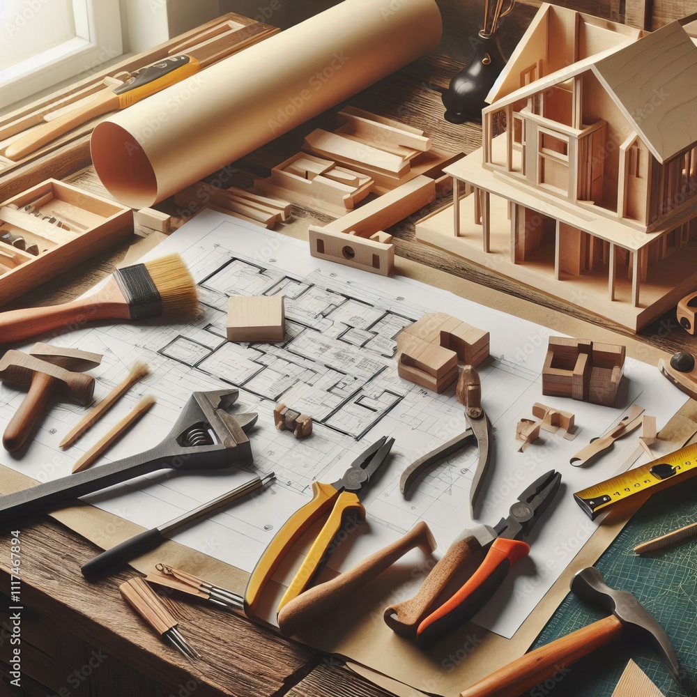 68 Craftsman's workbench with tools a blueprint and a partially Stock ...