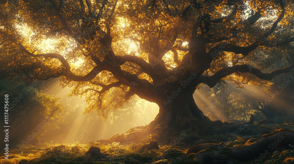 An ancient forest filled with towering oak trees, their gnarled roots ...