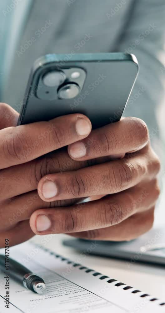 Hands, business person and multitasking on smartphone typing at office ...