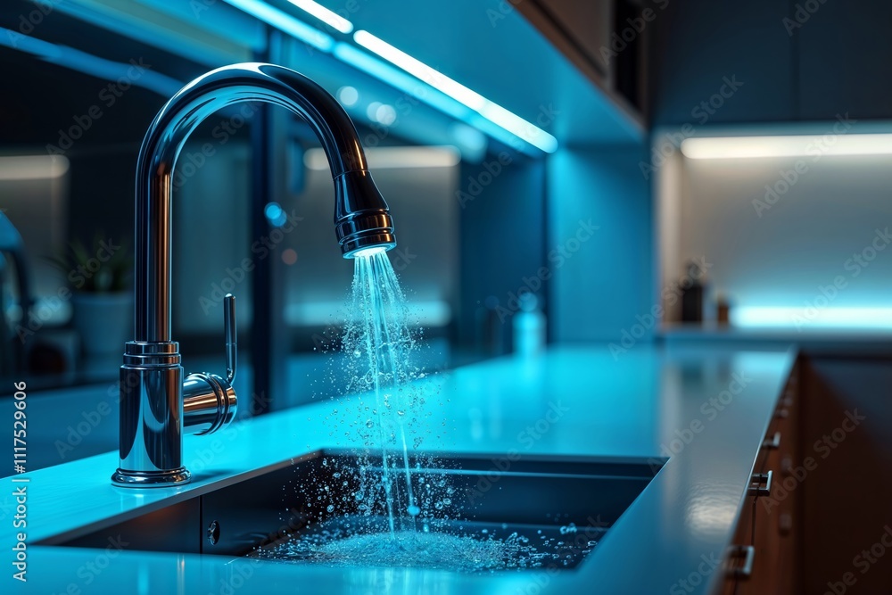 Water Flowing from Faucet. Modern kitchen sink with a chrome faucet and ...