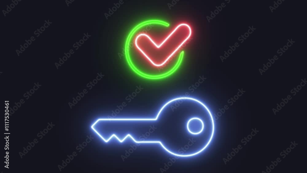 Symbols of a check mark and a key appearing from darkness in flickering ...