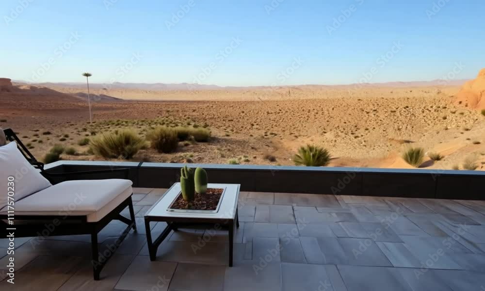 A modern outdoor relax room situated on a minimalist patio overlooking ...