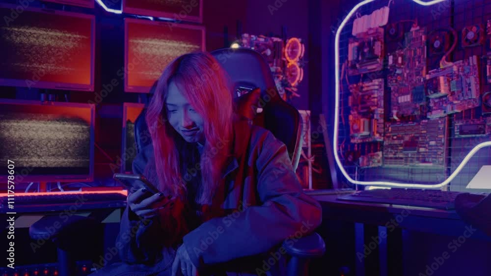Asian woman in front of a computer monitor display using mobile phone ...