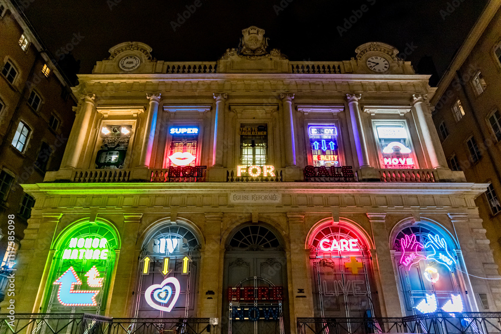 Fête de lumières 2024 à Lyon, Temple du Change, Not for sale, dans le Vieux-Lyon en France Stock ...