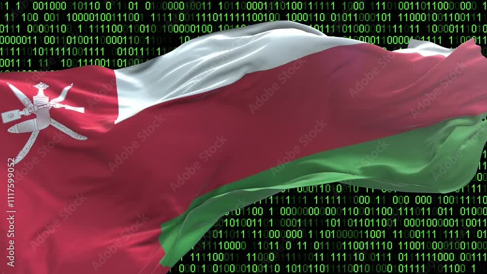 Oman flag - 3D realistic waving flag on matrix digital background with ...