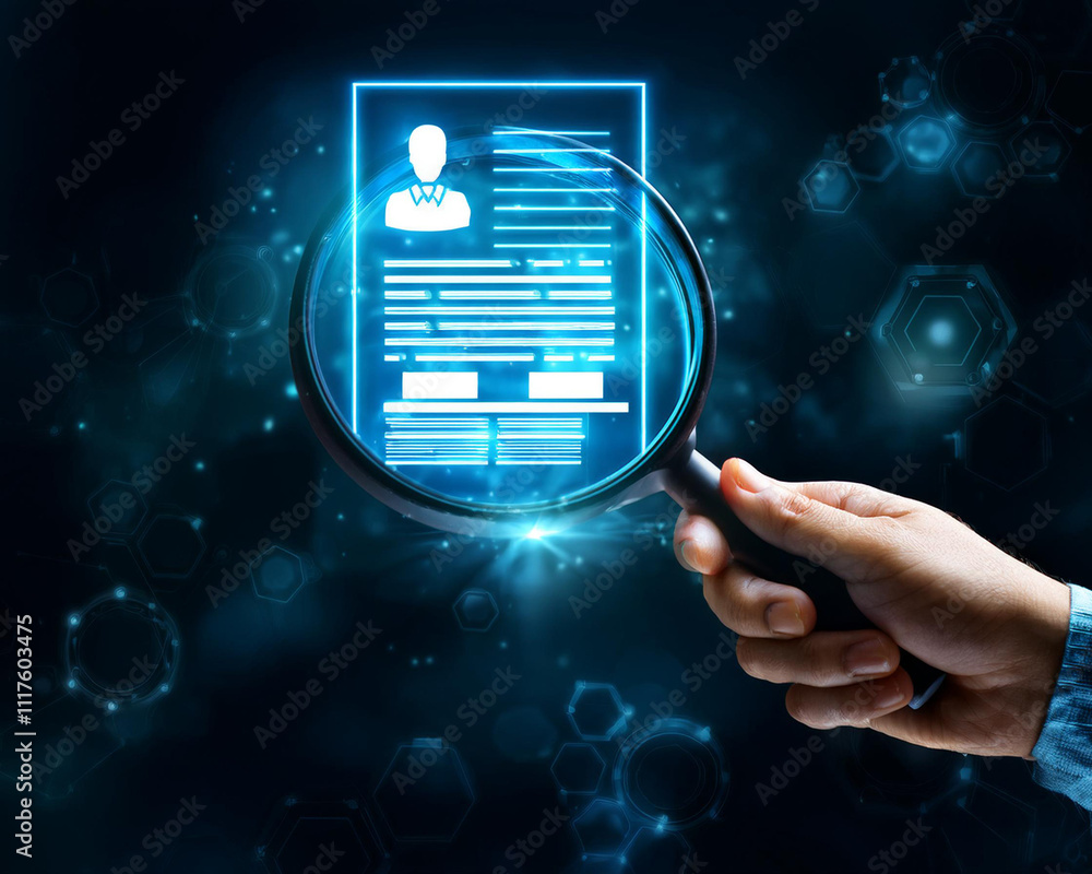 Recruitment and job screening are depicted by a digital hand holding a ...