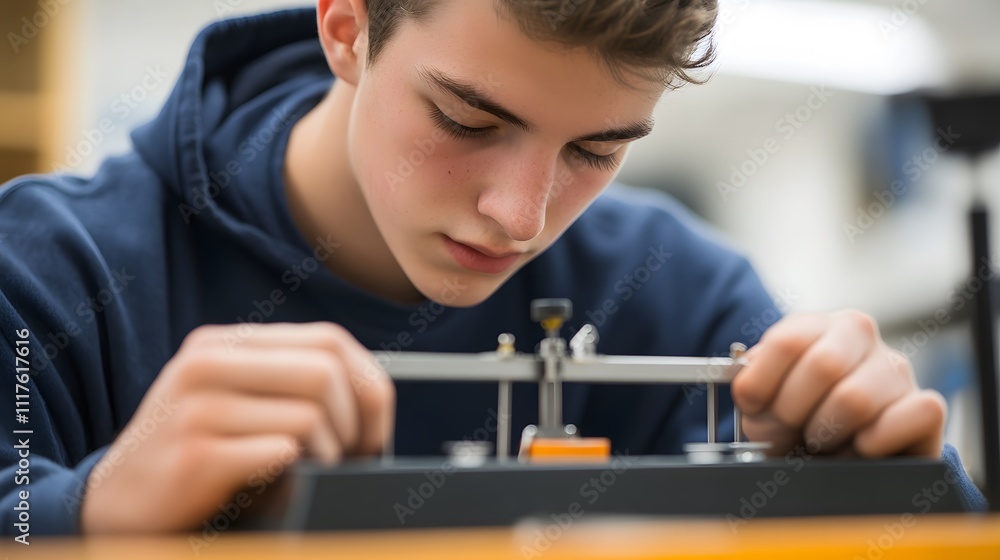 A close-up of a student calibrating a balance scale during a physics ...