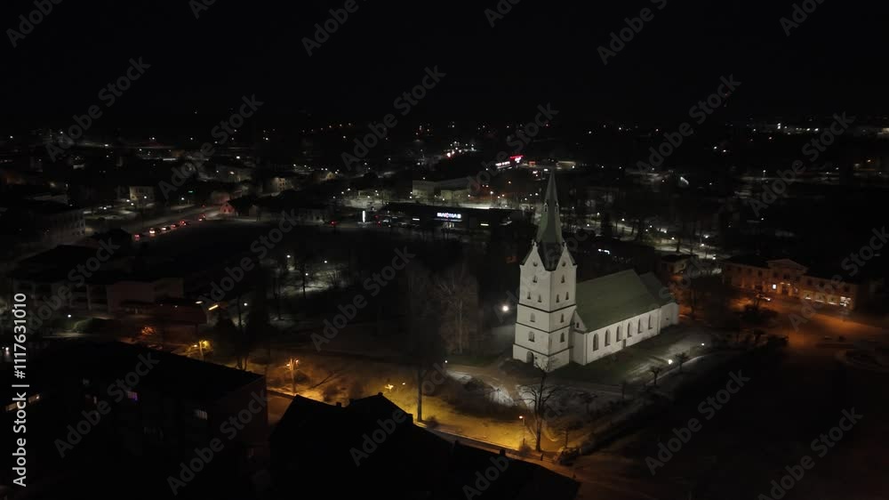 Aerial View of the Dobele City Night Landscape With a Lutheran Church ...
