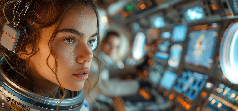 Inside the space station command center, a young woman engineer studies ...