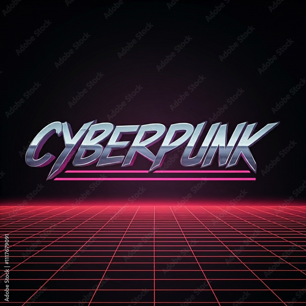 1980s cyberpunk background, silver metal letters above the red laser ...