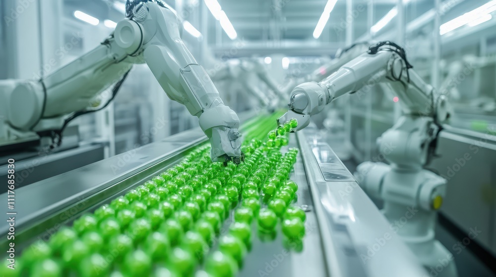 Robotic arms sort green spheres on a conveyor belt in a modern factory ...