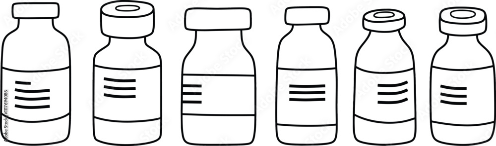 Hand drawn outline vaccine bottle. medical doodle set with art line ...