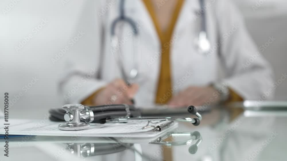 Stethoscope and medication history records form are on a glass table ...
