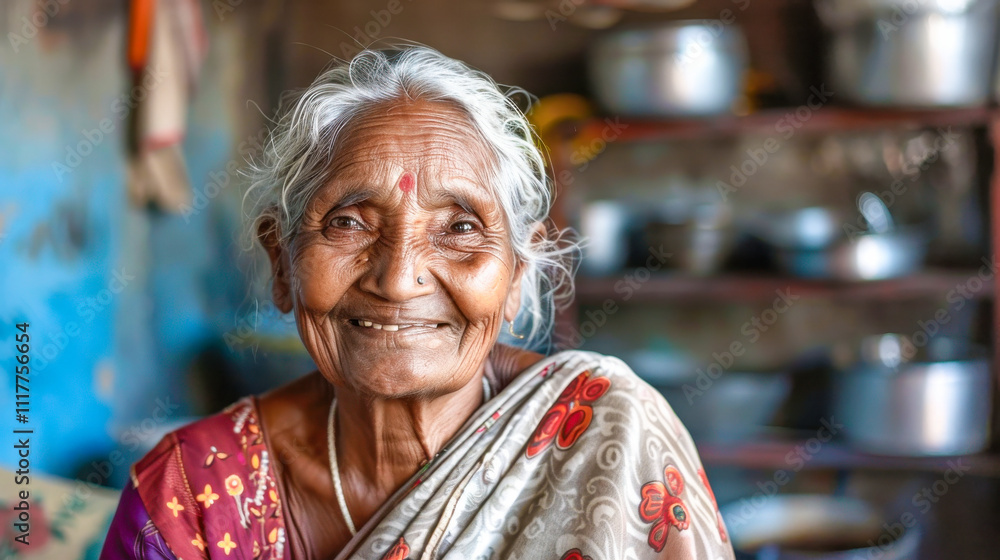 elderly beautiful Indian woman of 50 years old with gray white hair, a ...