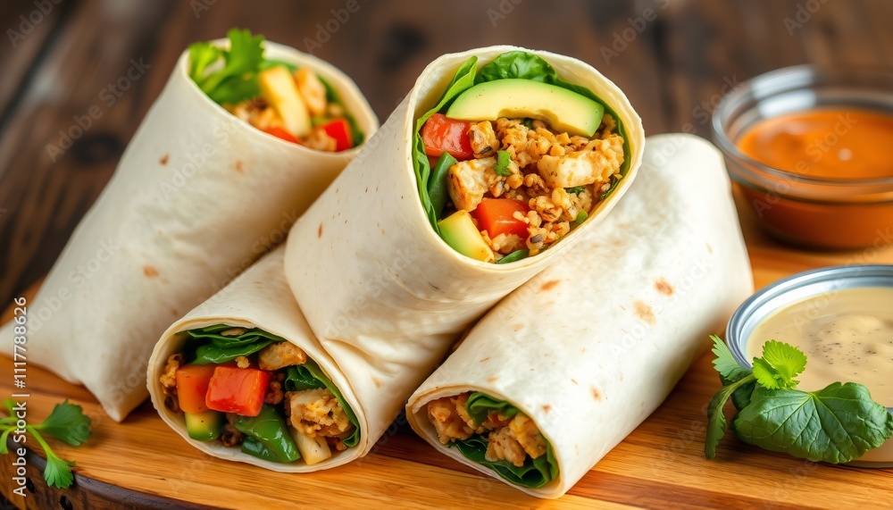Soft tortilla wraps stuffed with fresh ingredients like roasted ...