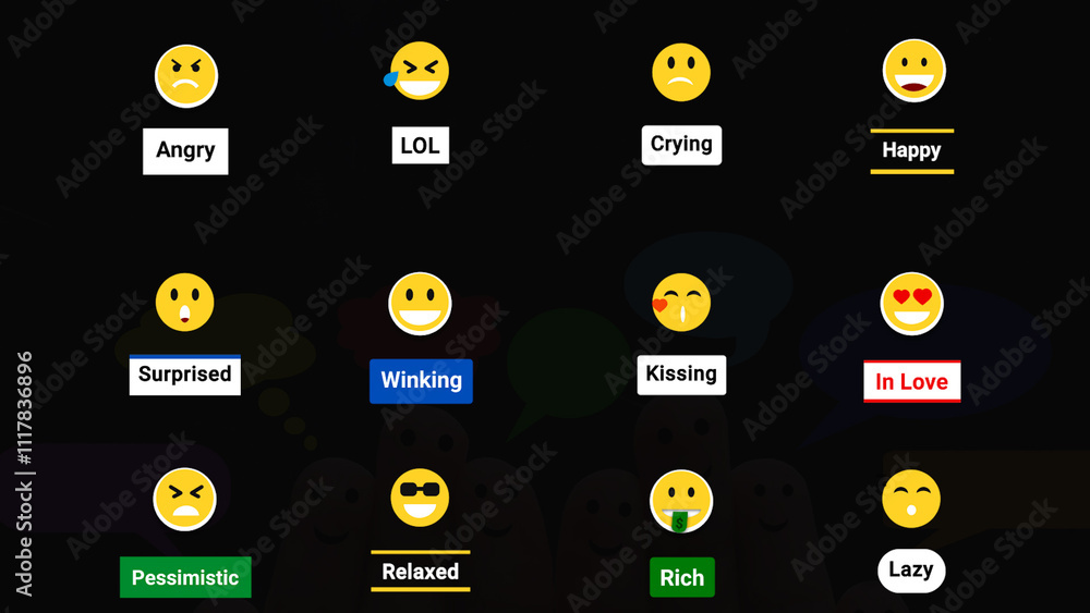 Pop-up Smiley Faces Showing Emotions And Text Overlay Stock Template ...