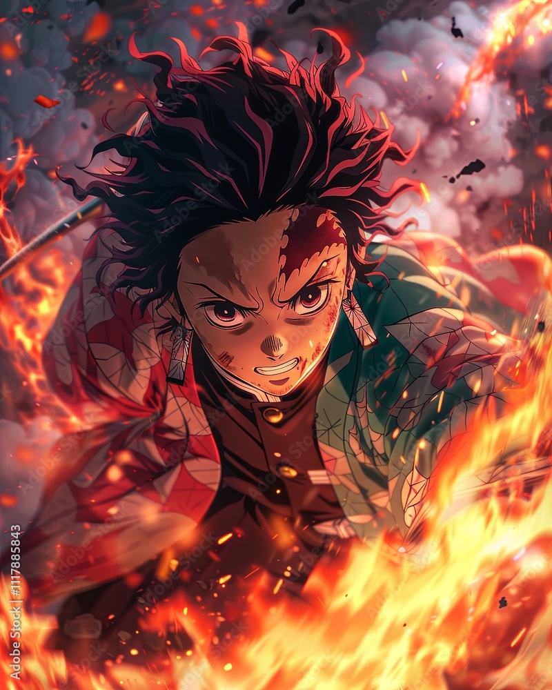 Portrait of anime male character with intense expression stands in ...