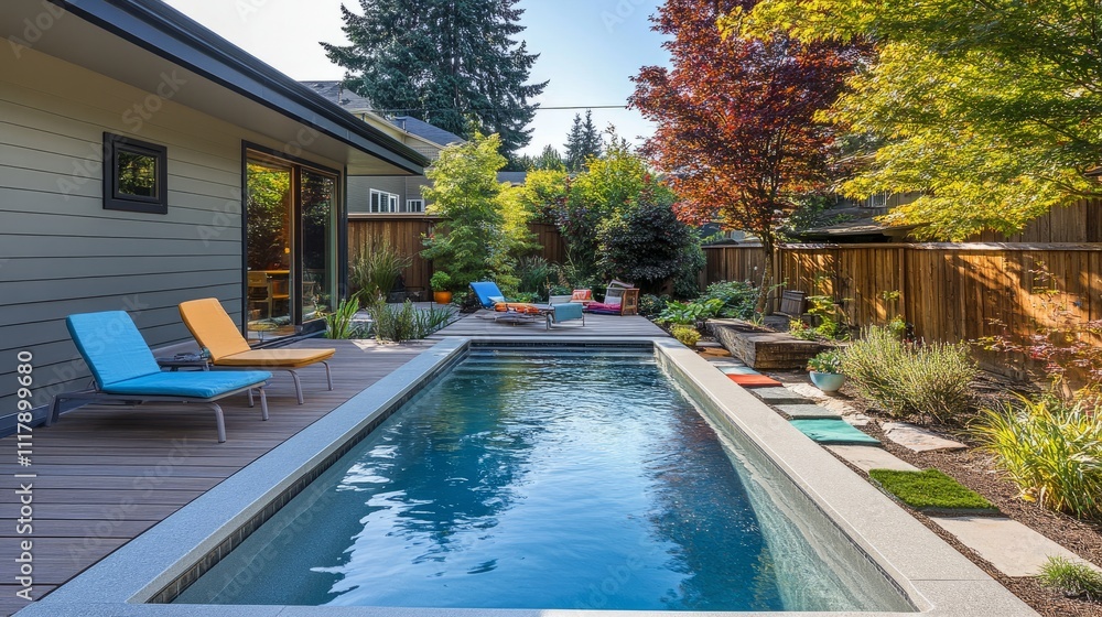 Small backyard retreat with a rectangular plunge pool, warm timber ...