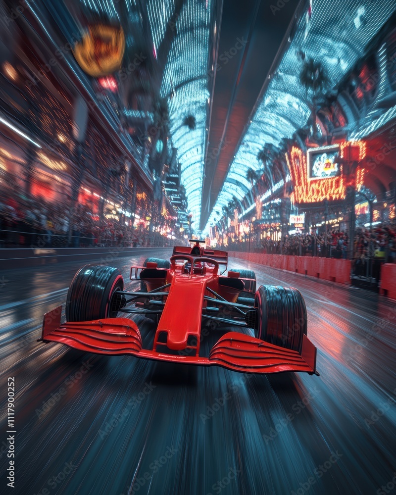 Red Formula 1 race car speeds through brightly lit city street at night ...