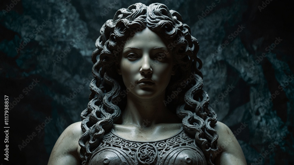 Statue of Medusa, the goddess of revenge, holding her serpentine hair ...
