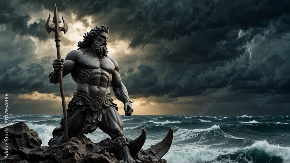 Statue of Poseidon, the god of the sea, holding a trident in both hands ...