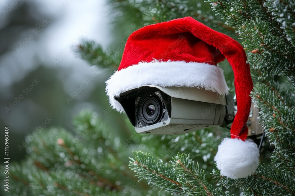 A surveillance camera equipped with a Santa hat, nestled in lush ...